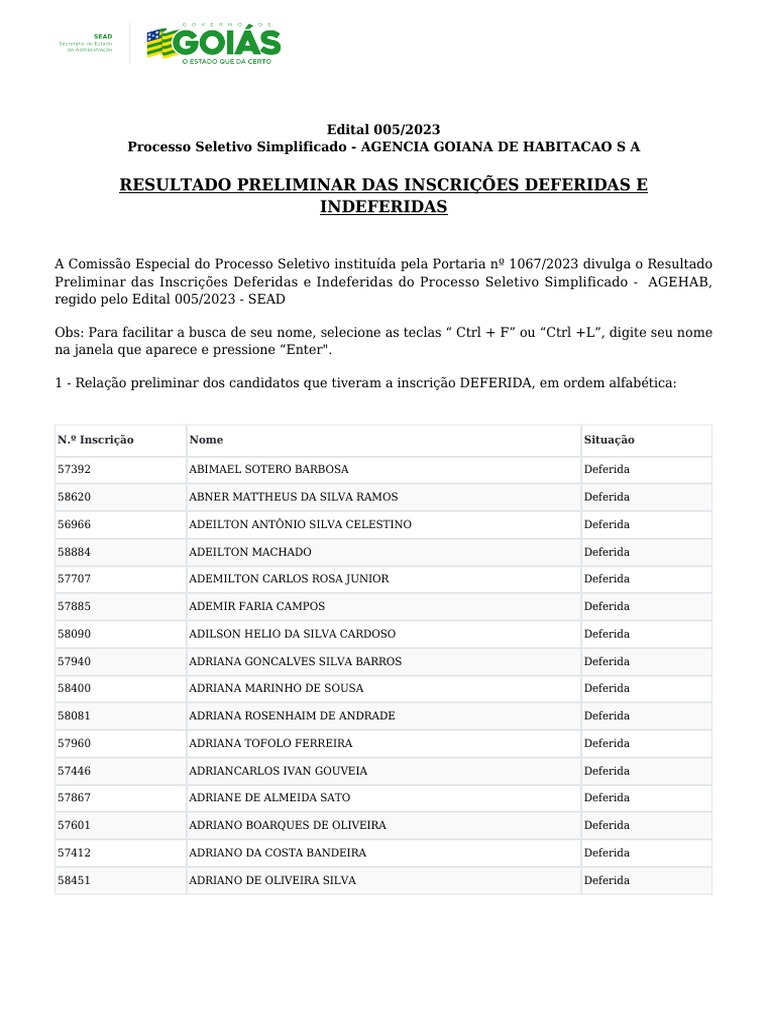 Resultado Preliminar AGEHAB 2023 | PDF | Brasil