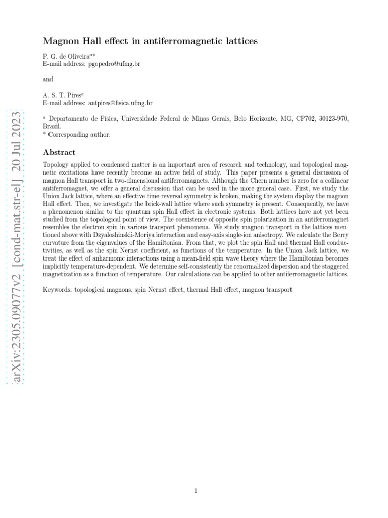 Magnon Hall Effect in Antiferromagnetic Lattices | PDF | Spin (Physics) | Theoretical Physics