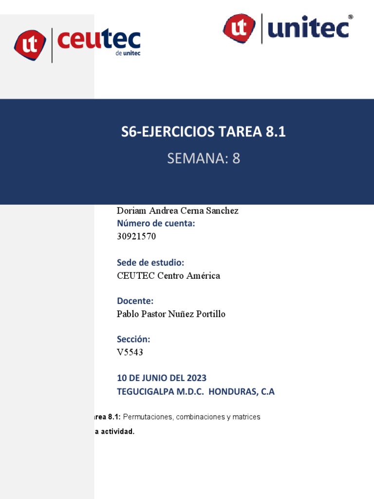 S8-Ejercicios de La Tarea 8.1 | PDF | Matriz (Matemáticas) | Objetos matemáticos