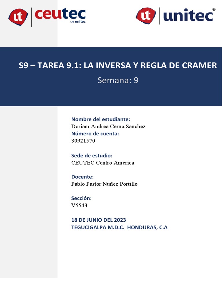 s9 - Tarea 9.1 La Inversa y Regla de Cramer | PDF