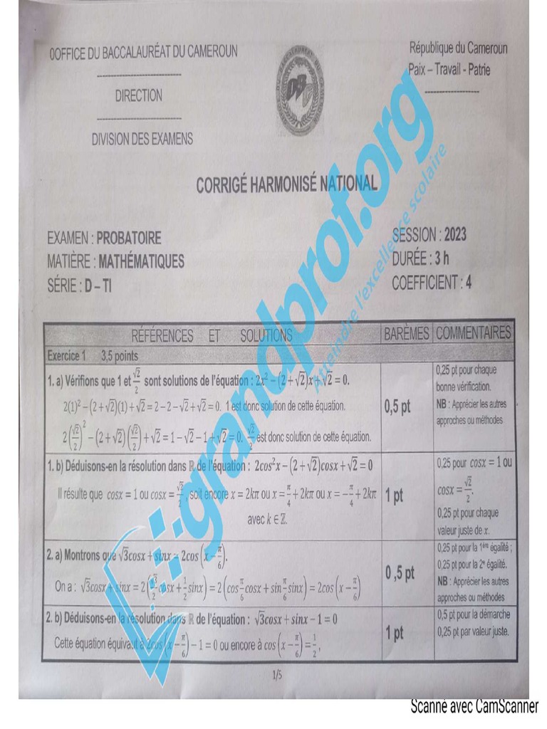 Corrigé National Maths Probatoire D 2023 | PDF