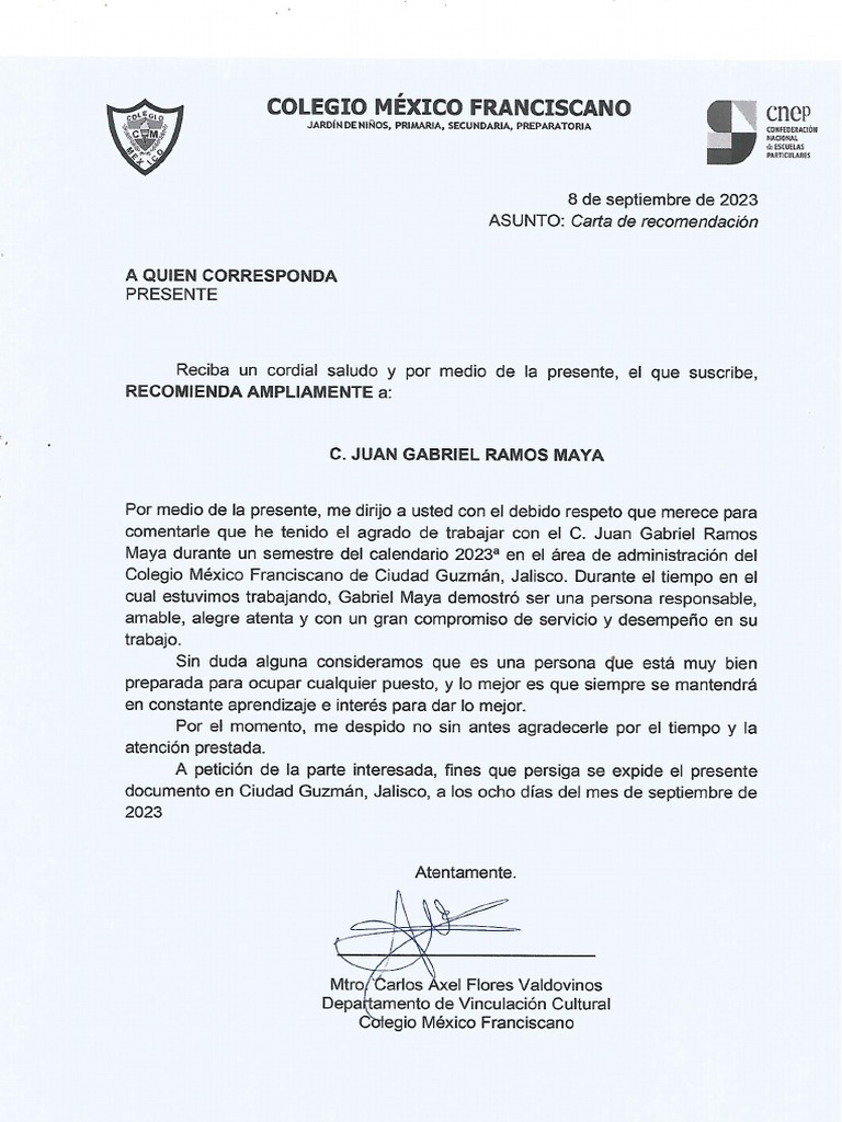 Gabriel Maya Carta de Recomendacion | PDF