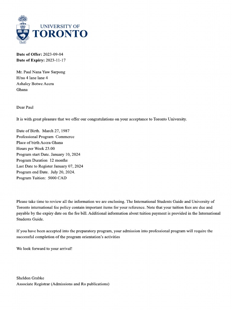 Acceptance To Toronto University | PDF