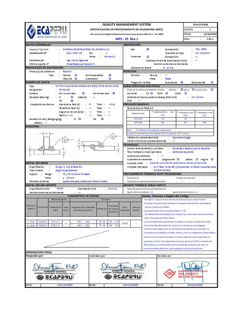 Wps-35 Fcaw-G Aws d1.1 2020 | PDF | Soldadura | Construcción