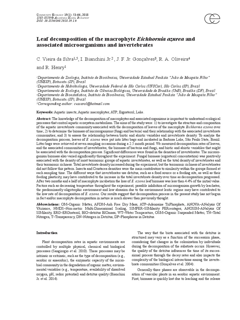 Leaf Decomposition Of The Macrophyte Eichhornia Azurea And 2018