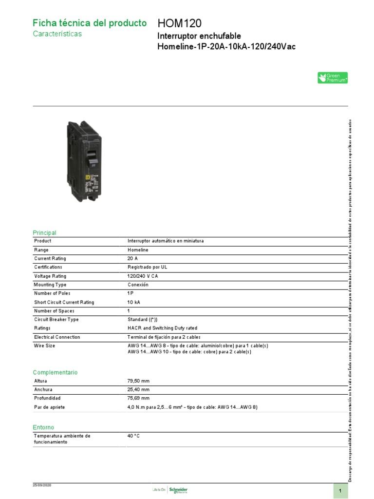 Ficha - Tecnica - Breaker - 1x20 - Schenider - HomeLine® Circuit ...