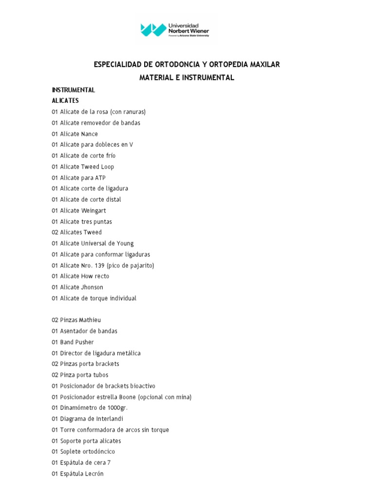 Lista de Instrumental y Material Esp. Ortodoncia | PDF