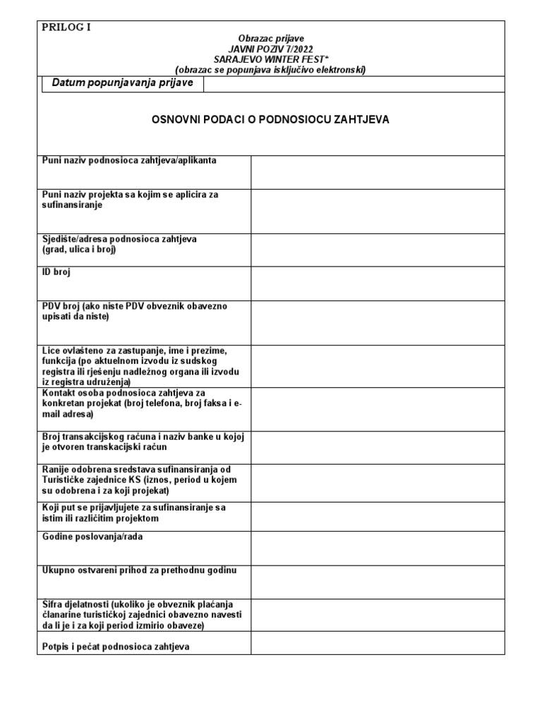 Prilog I Obrazac Prijave Na JP 7 2022 | PDF