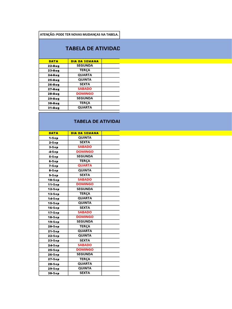 Tabela de Atividades - Trabalhos - Provas e Eventos - 1001 | PDF | Science | Natureza
