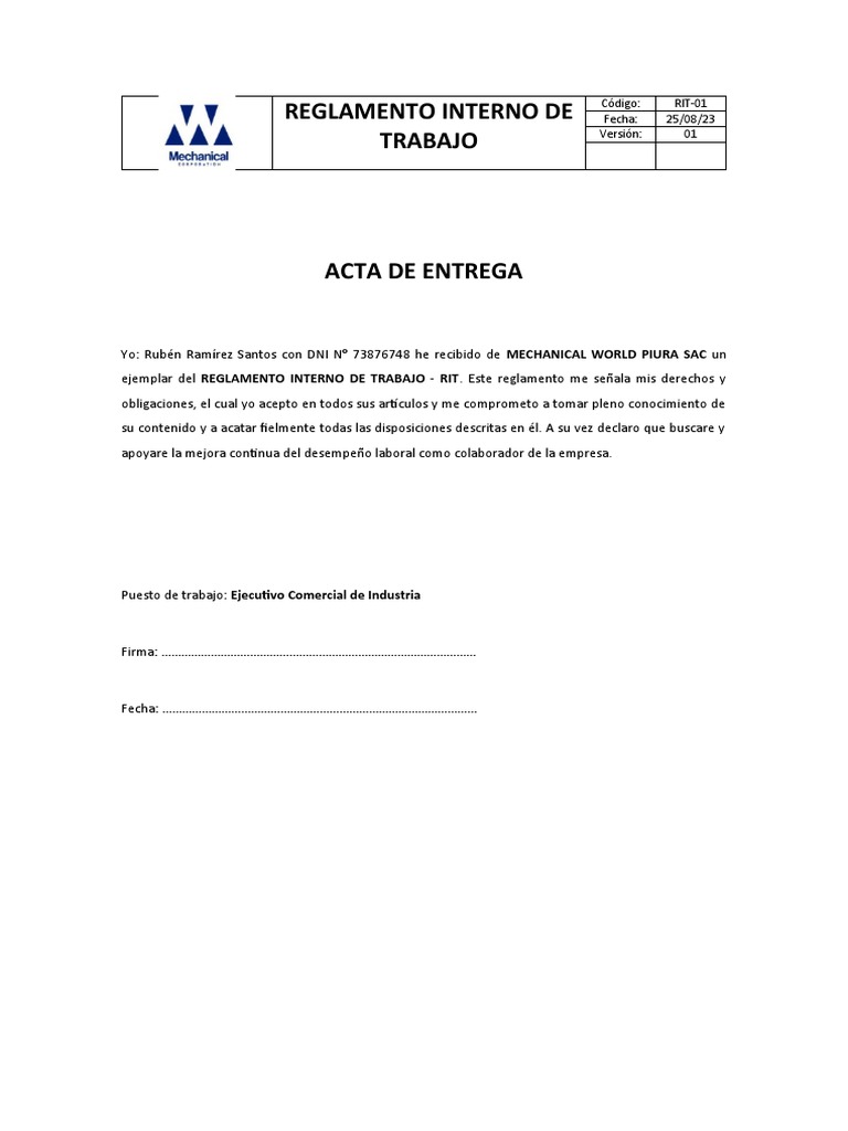 Acta de Entrega REGLAMENTO INTERNO DE TRABAJO | PDF Acta de Entrega REGLAMENTO INTERNO DE TRABAJO | PDF