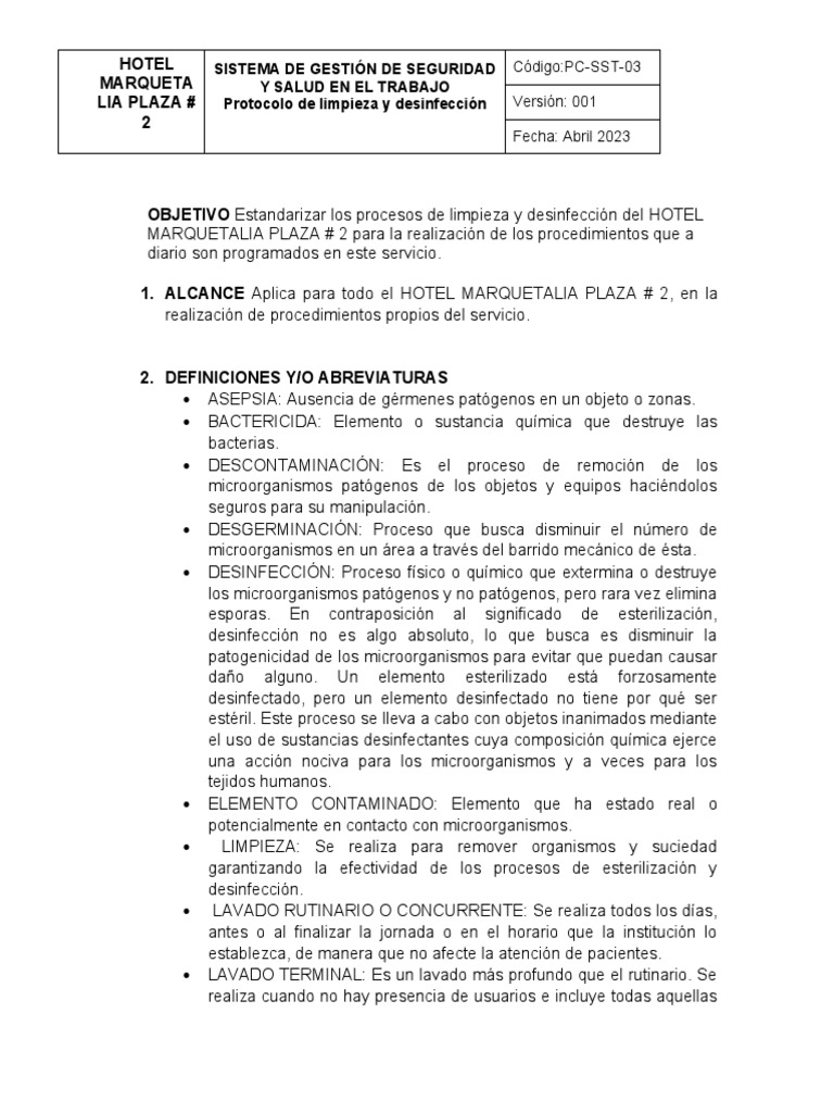 Protocolo de Limpieza y Desinfeccion | PDF | Agua | Esterilización (Microbiología)