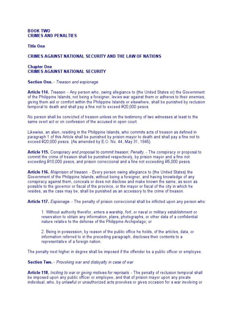 Revised Penal Code BOOK TWO Chapter 114-142 | PDF | Treason | Detention ...