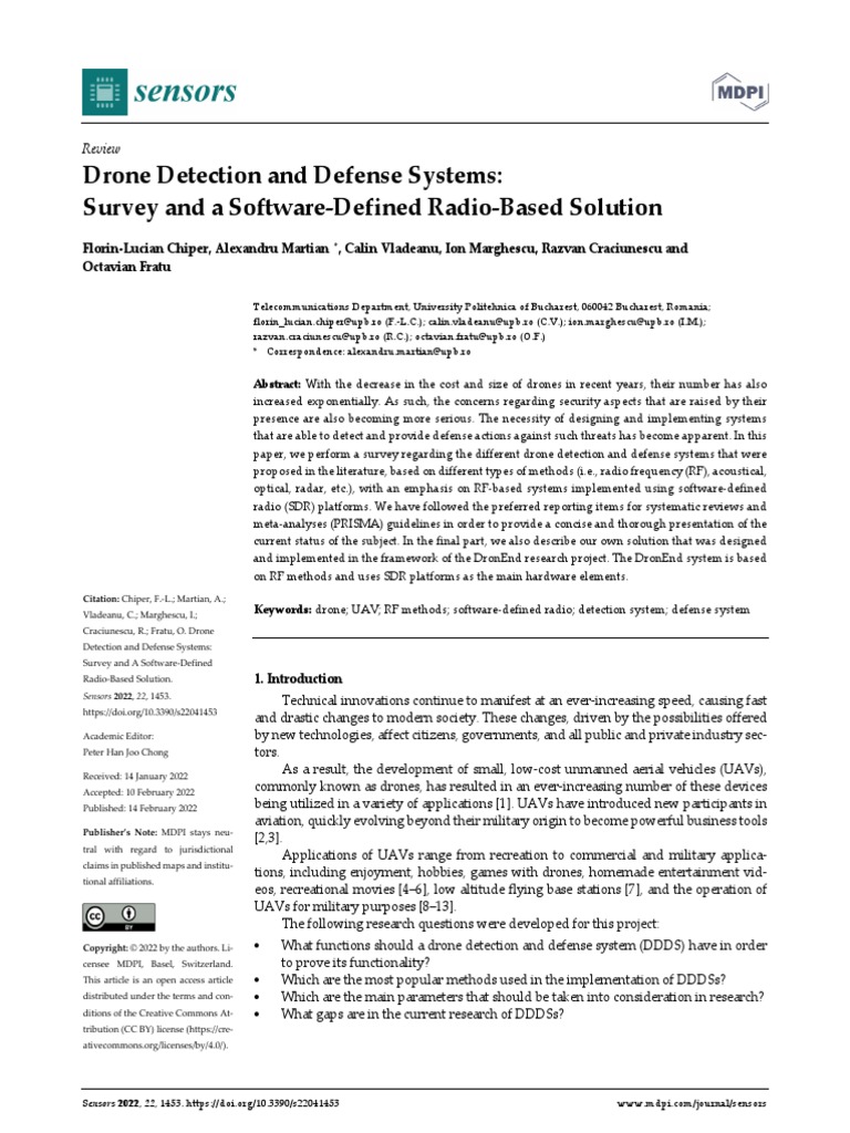 Drone Detection and Defense Systems Survey and A Software Defined Radio Based Solution | PDF ...