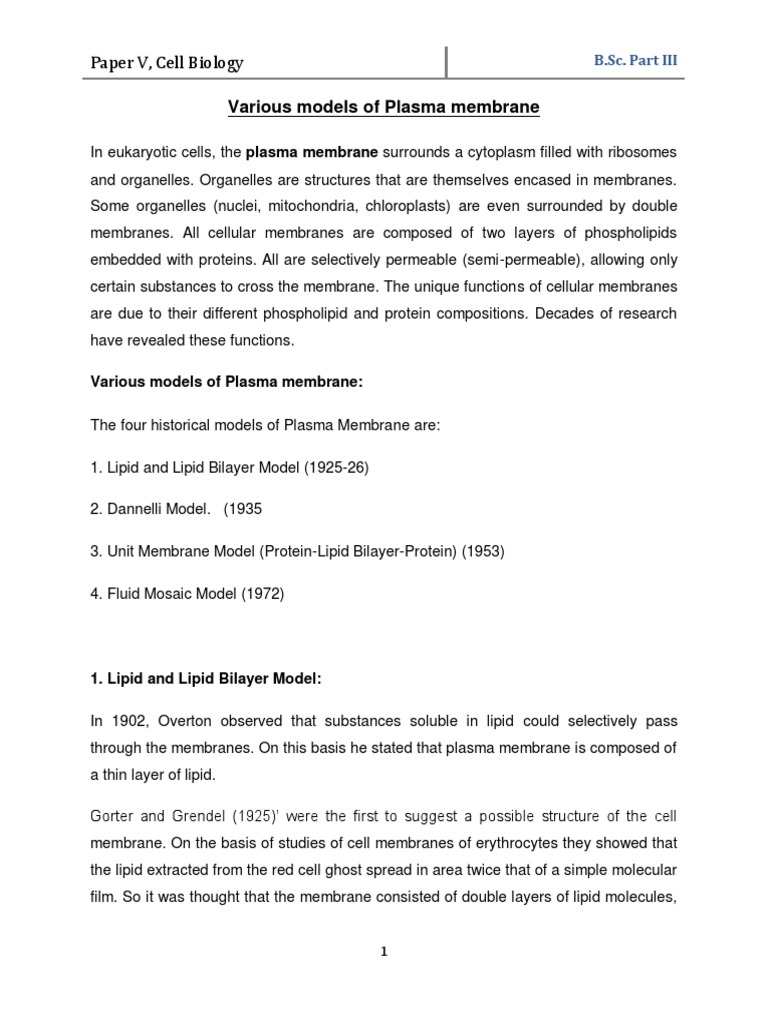 Variuos Models of Plasma Membrane | PDF | Cell Membrane | Cell (Biology)
