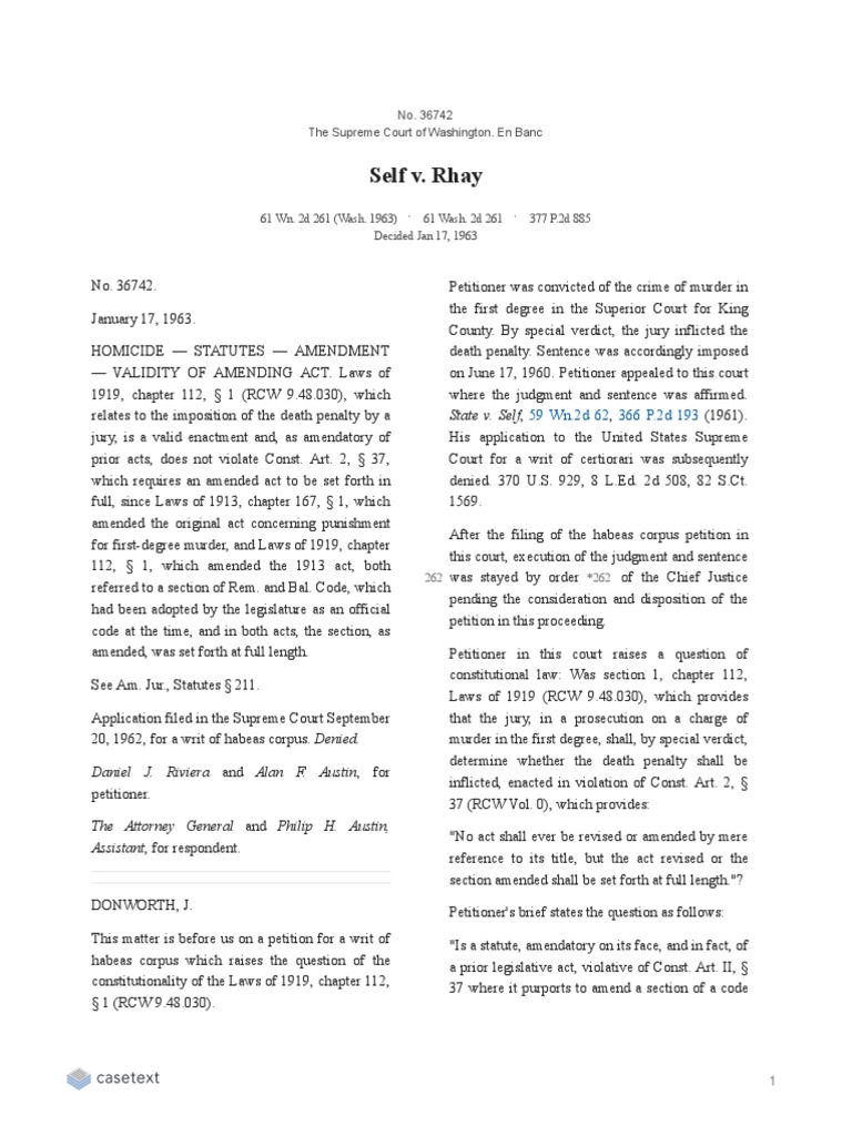 US Supreme Court Decision Self v. Rhay, 61 WN (2d) 261 | PDF | Habeas Corpus | Capital ...