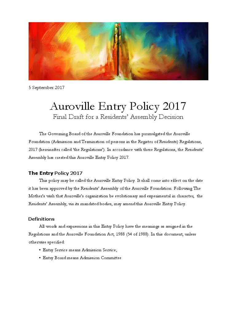 Auroville Entry Policy 2017 - Introduction Definitions | PDF ...