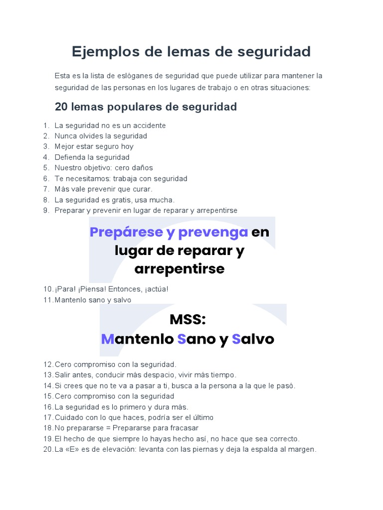 Ejemplos de Lemas de Seguridad | PDF