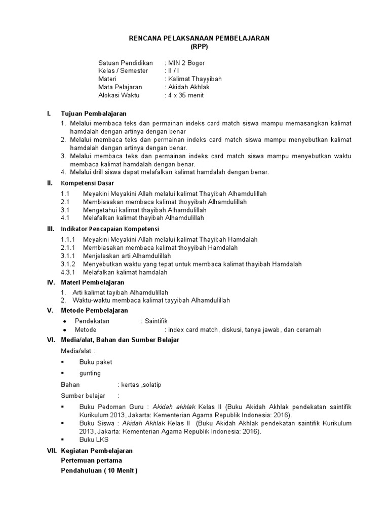 RPP Kelas 2 MI | PDF