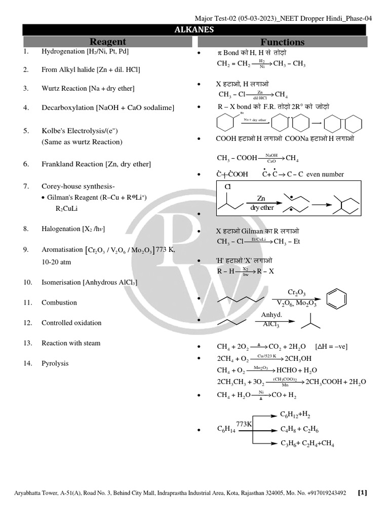 Hydrocarbon: Reagent - Function: Notes | PDF | Ether | Chlorine