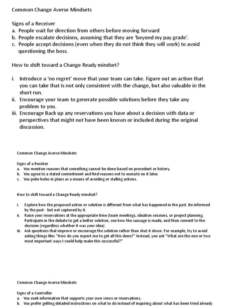 Common Change Averse Mindsets | PDF | Reason | Learning