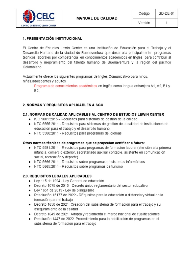 GD-DE-01 Manual de Calidad 2023 - CE Lewin Center | PDF | Calidad ...