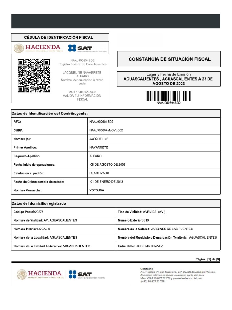 Constacion de Situacion Fiscal Jacquelines Navarrete | PDF