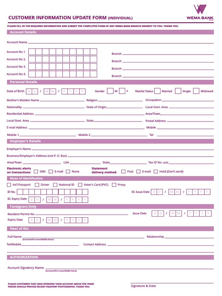 WEMA Customer Infromation Update Form (Individual) | PDF