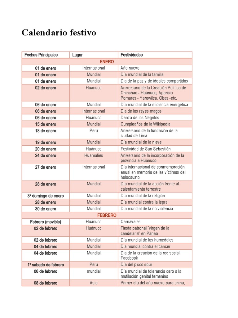 Calendario Festivo | PDF | Perú