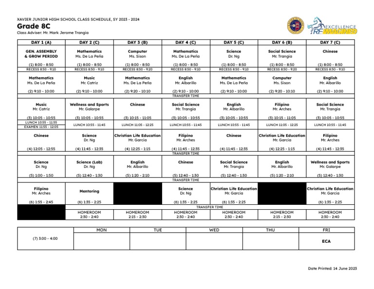 08C JHS Class Schedule 2324 | PDF | Science