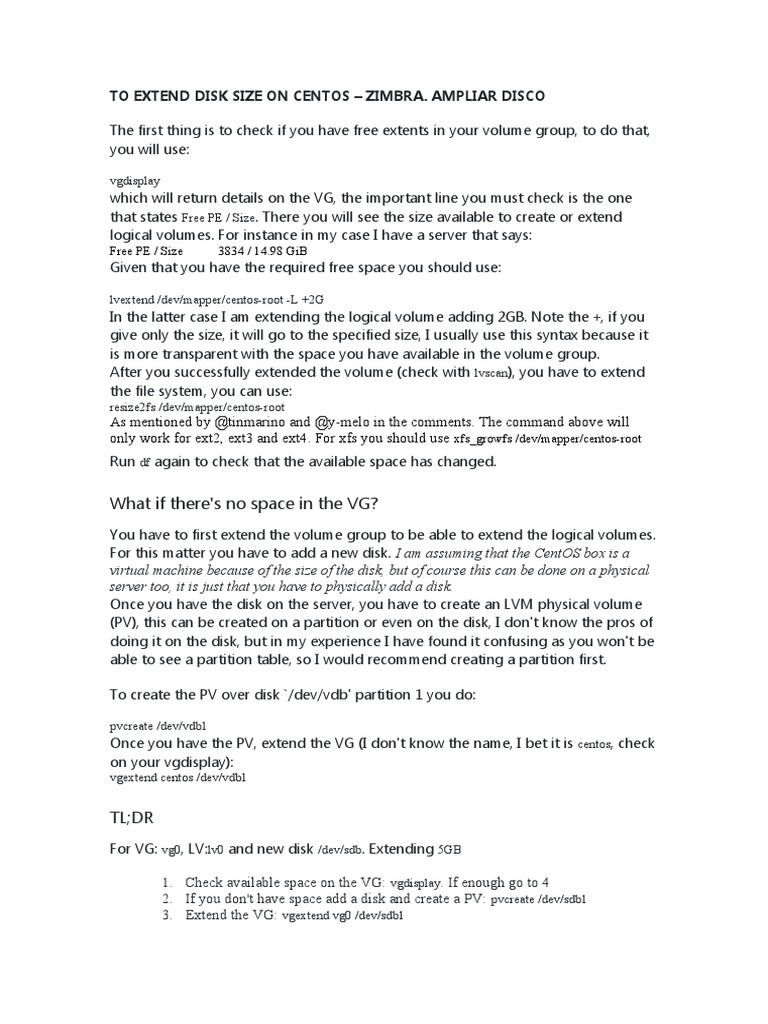 To Extend Disk Size On Centos - Zimbra - Ampliar Disco | PDF | Computer Architecture | Computer ...