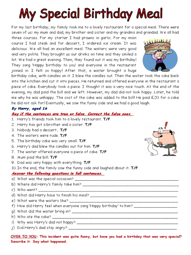 RC My Special Birthday Meal Reading Comprehension Exercises - 132651 | PDF