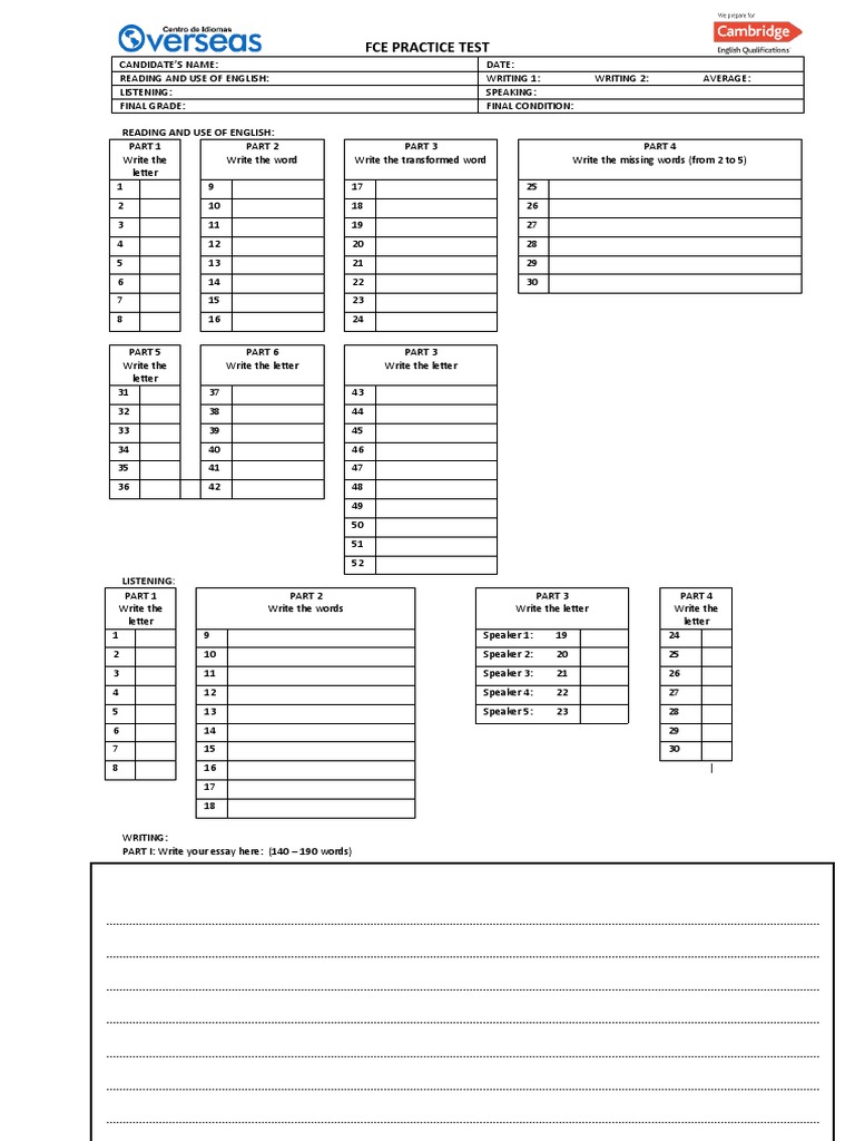 Fce ANSWER SHEET | Download Free PDF | Standardized Tests | Tests