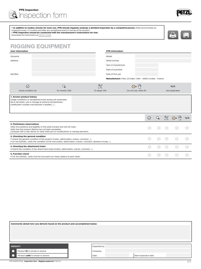 PPE Inspection Form for Rigging Equipment | PDF