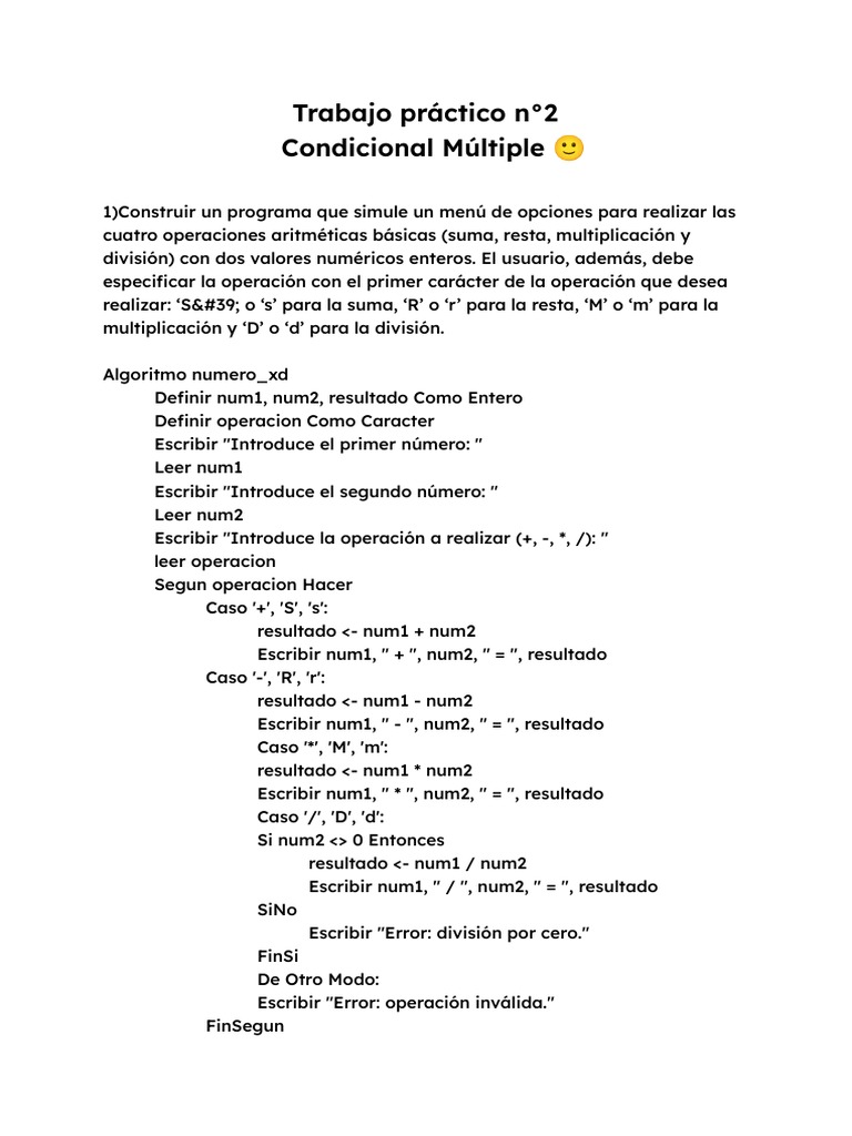 Condicional Multiple Ejercicios De Pseint Pdf Matemáticas Aritmética