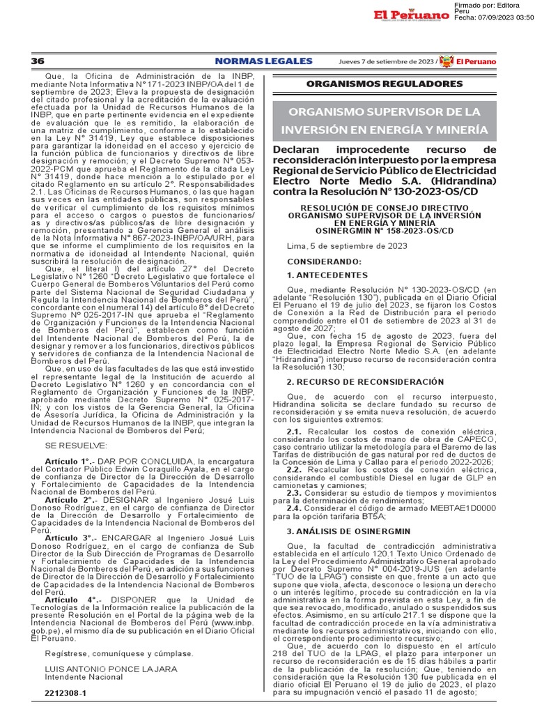 Improcedente Recurso (Hidrandina) Contra La Resolución #130-2023-OS CD | PDF | Perú | Regulación