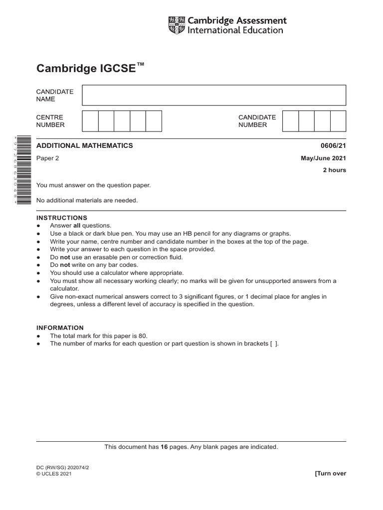 Cambridge Igcse Additional Mathematics 0606 21 Pdf Equations Numbers