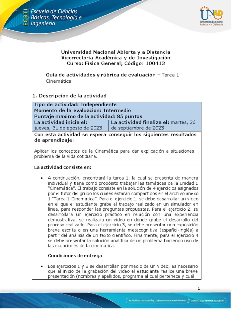 Unidad 1 - Tarea 1 - Cinemática | PDF | Evaluación | Plagio