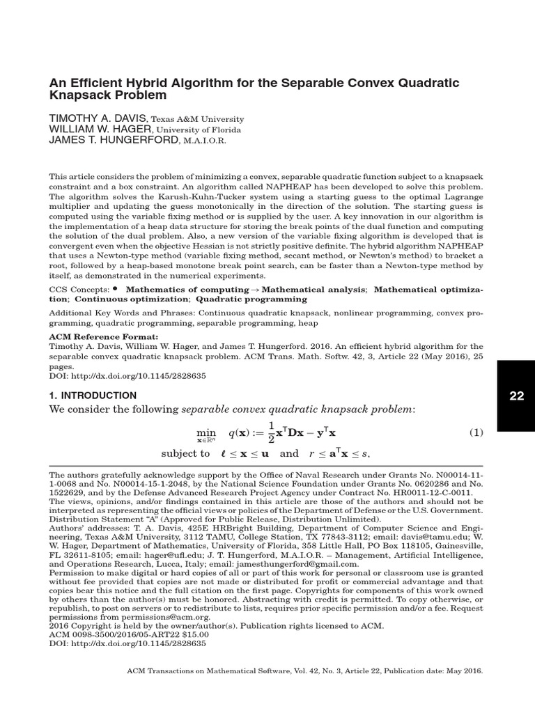 An Efficient Hybrid Algorithm For The Separable Convex Quadratic Knapsack Problem Pdf