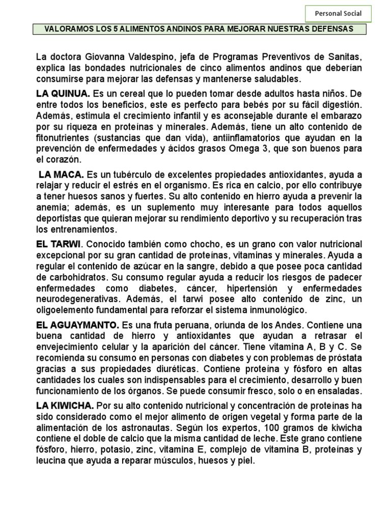 Valoramos Los 5 Alimentos Andinos para Mejorar Nuestras Defensas | PDF | Alimentos | Nutrición