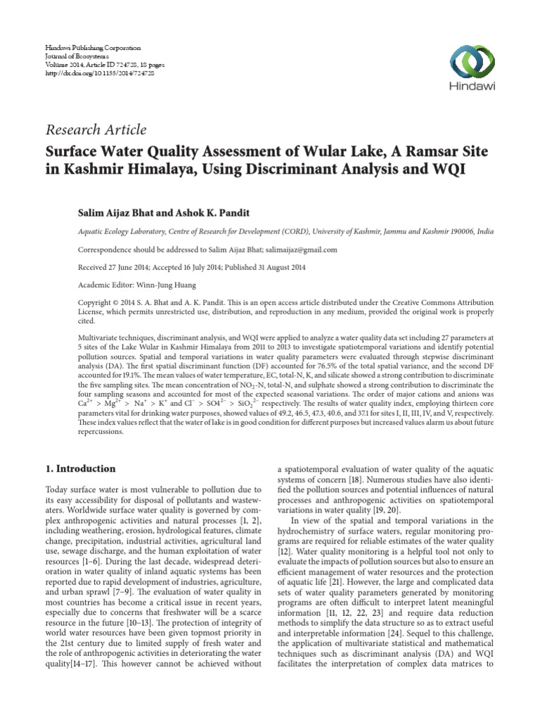 Surface Water Quality Assessment of Wular Lake, A Ramsar Site in Kashmir Himalaya, Using ...