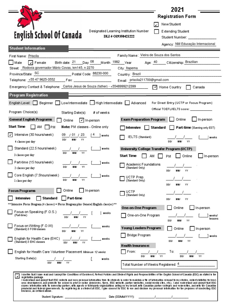 ESC 2021 Registration Form PDF Writable - Priscila Vieira | PDF ...
