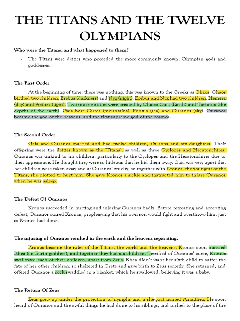 The Titans and The Twelve Olympians | PDF | Zeus | Prometheus
