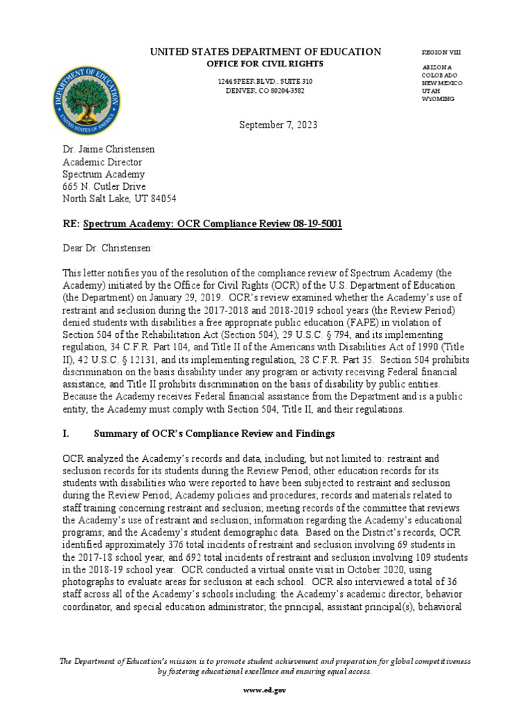 Civil Rights Letter To Utah's Spectrum Academy | PDF | Special ...