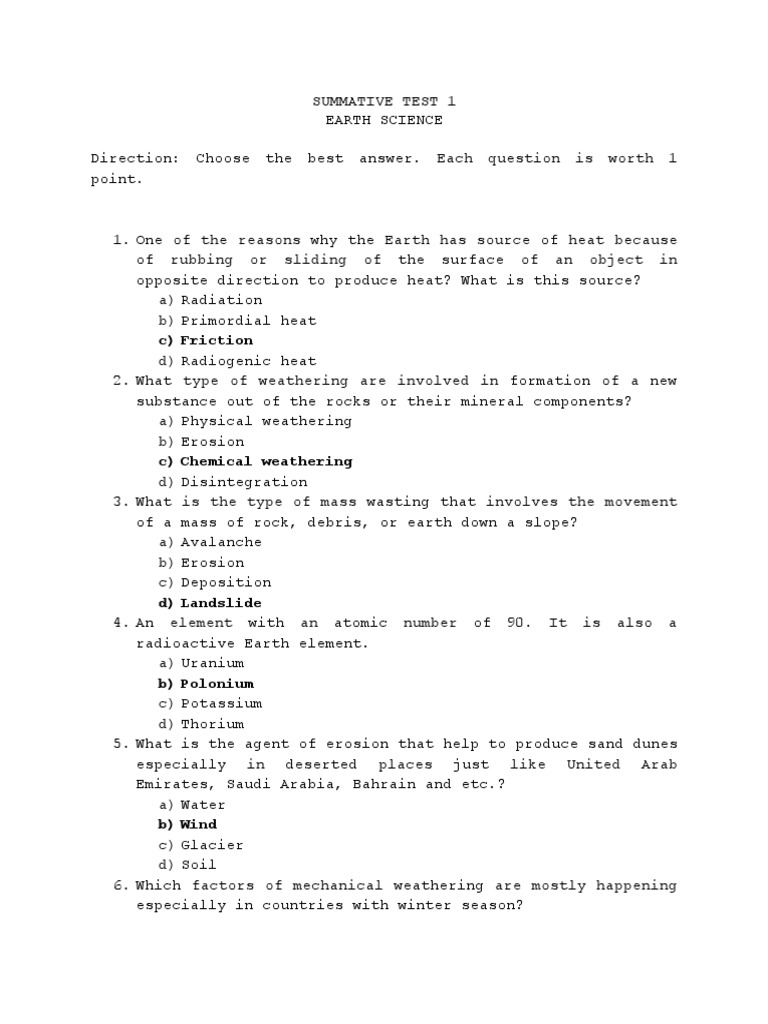 Earth Science Summative Test Questions | PDF | Weathering | Radioactive ...