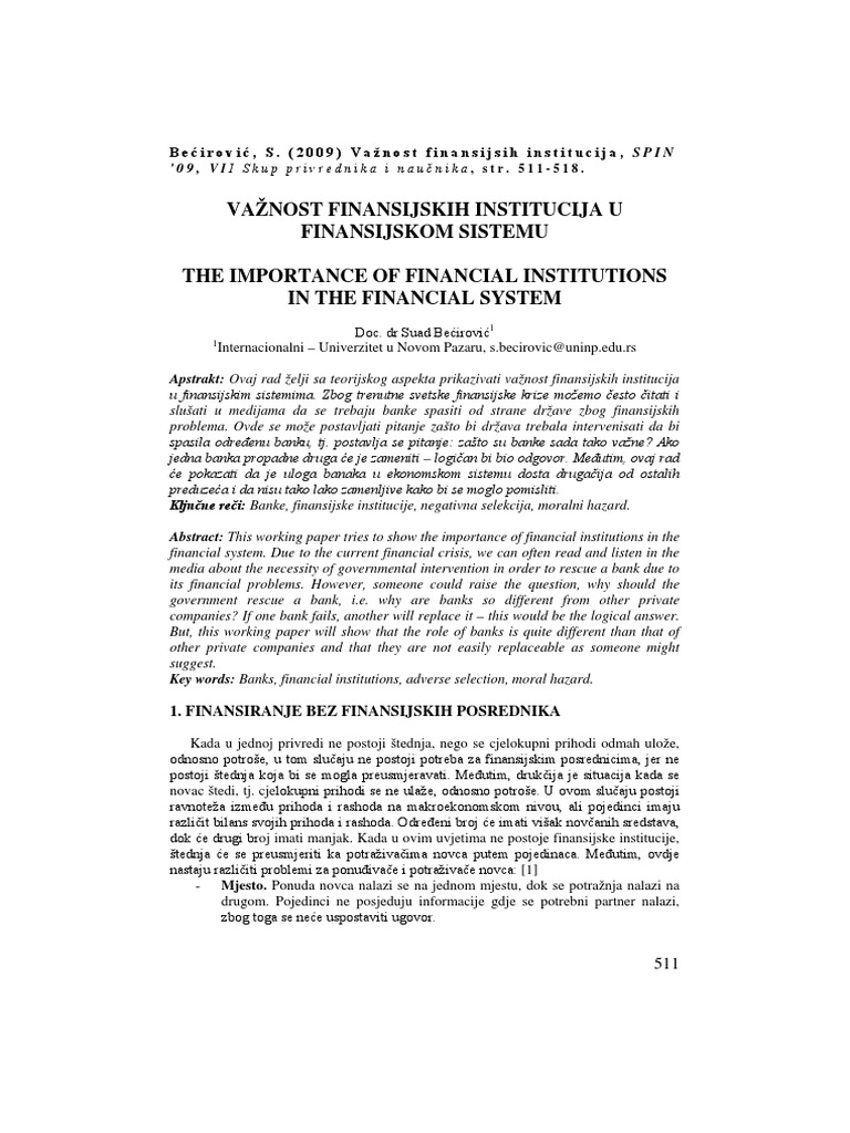 Vaznost Finansijskih Institucija U Finan | PDF