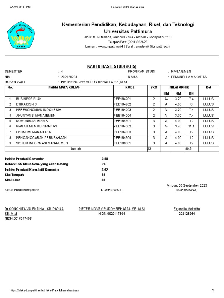 Laporan KHS Mahasiswa - Firjanella s4 | PDF
