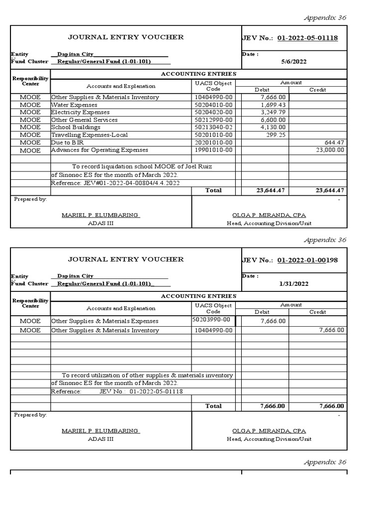 Journal Entry Voucher JEV No.: 01-2022-05-01118: Appendix 36 | PDF ...