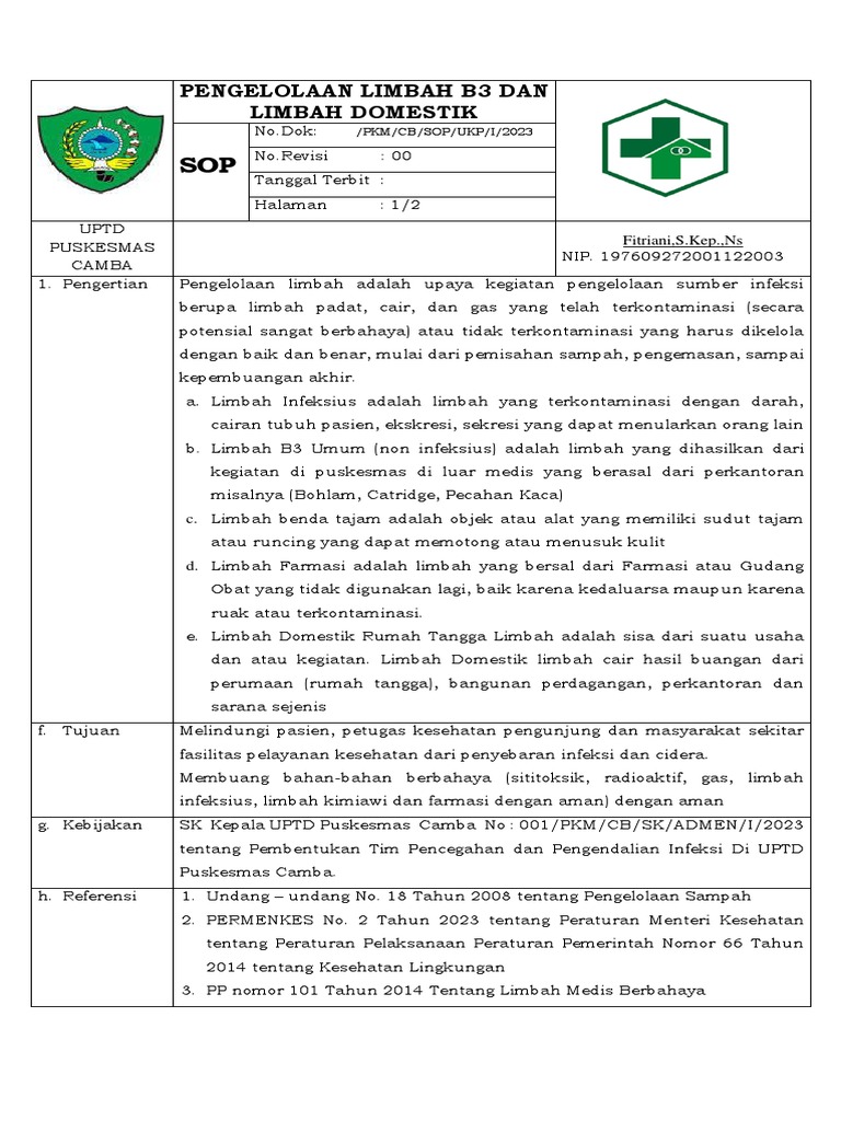 SOP PENGELOLAAN LIMBAH B3 Dan LIMBAH DOMESTIK DI PKM CAMBA. Fix | PDF