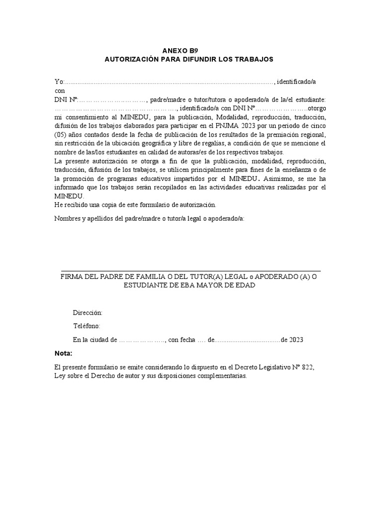 Anexo B9-Autorización para Difundir Los Trabajos | PDF