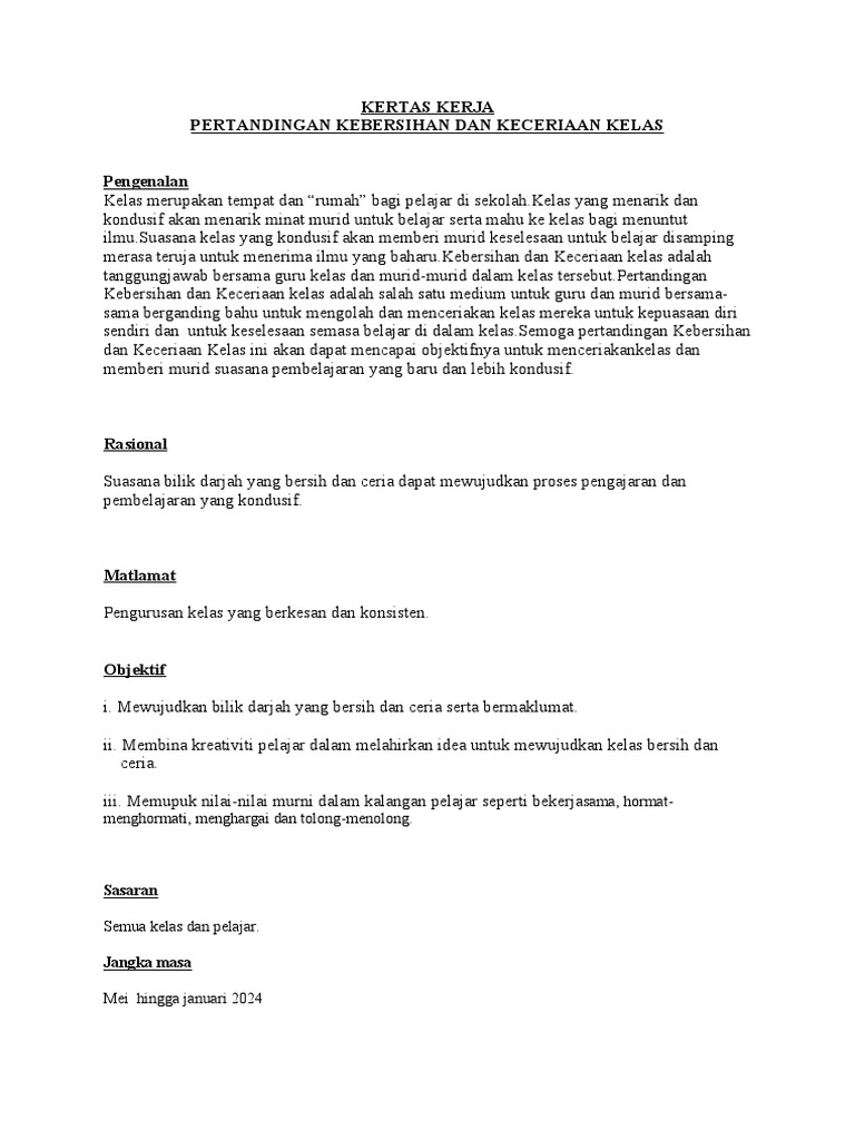 Kertas Kerja Pertandingan Kebersihan Dan Keceriaan Kelas | PDF